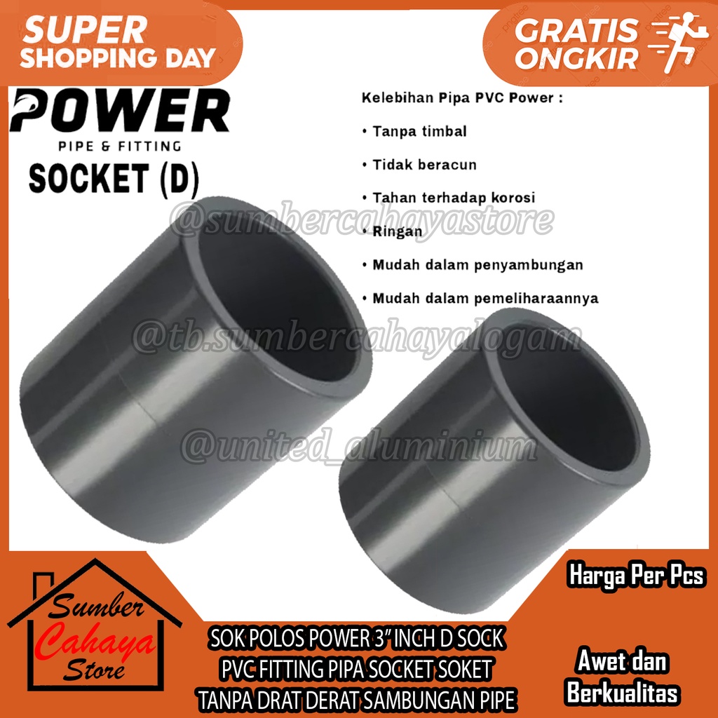 Jual SOCKET SOKET TANPA DRAT DERAT SOK POLOS POWER 3" INCH D PVC ...
