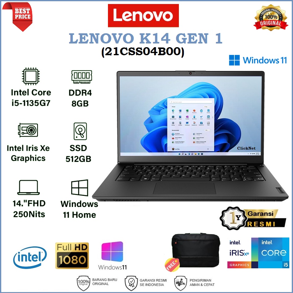 Jual LENOVO K14 GEN 1 (21CSS04B00) Intel I5-1135G7 8GB 512GB SSD FHD WIN11 | Shopee Indonesia