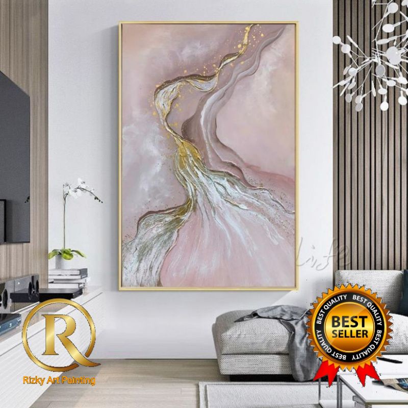 Jual Lukisan Abstrak Modern Gold Pink Plus Frame | Shopee Indonesia