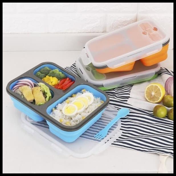 Jual Kotak Makan Silicone Lipat 3 Sekat Portable - Kotak Bekal Sendok Garpu | Shopee Indonesia