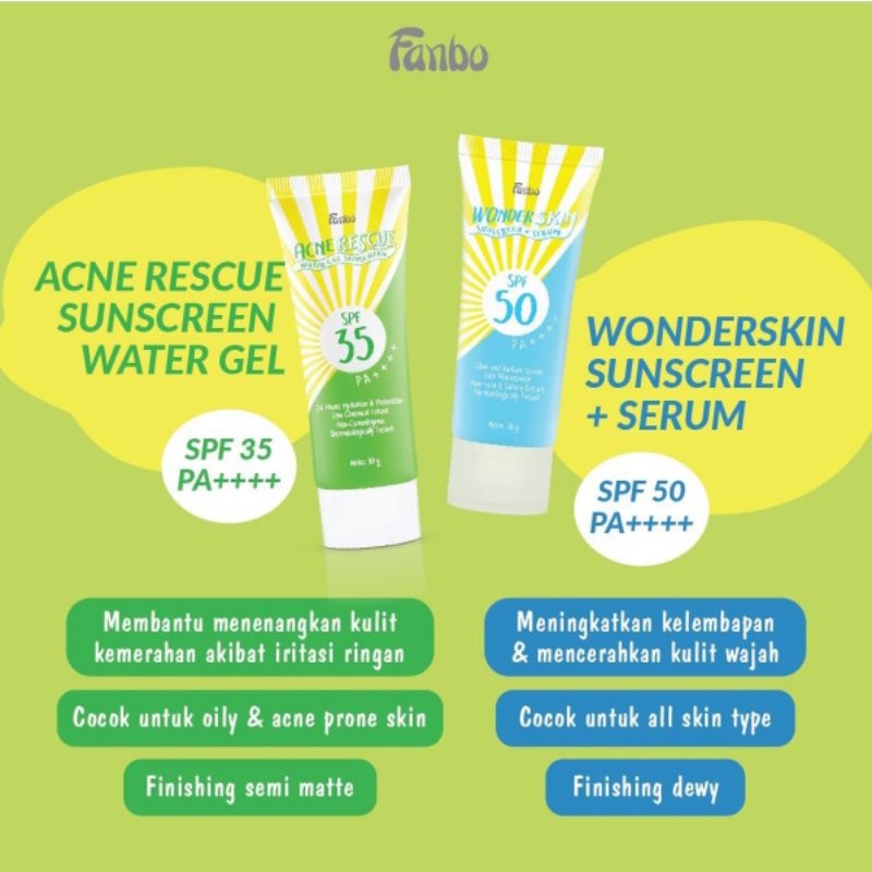 Jual Fanbo Acne Rescue Sunscreen Water Gel / Wonder Skin Sunscreen Serum Spf 35 PA ++++ | Shopee ...