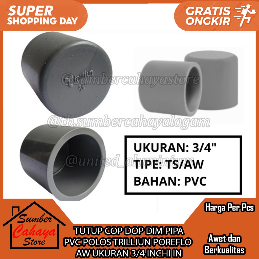 Jual PLUG PIPA DOP CAP UKURAN 3/4 INCH TRILIUN POREFLO AW PVC TUTUP DOB ...