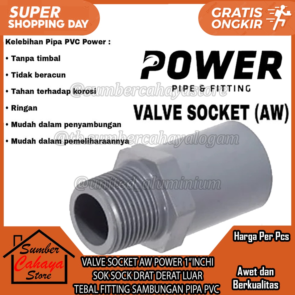 Jual VALVE SOCK 1" INCHI AW POWER TEBAL FITTING SAMBUNGAN PIPA PVC ...