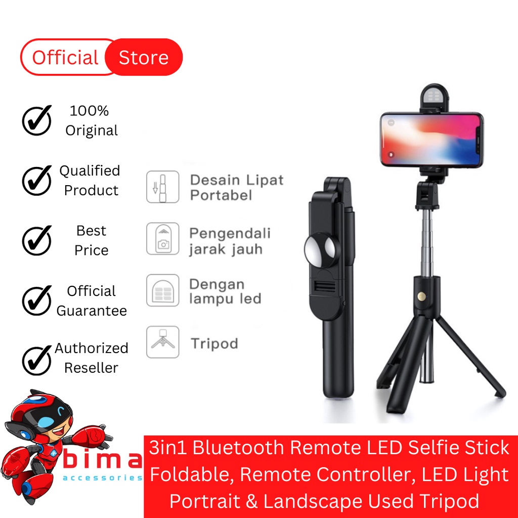 Jual Tongsis Tripod Bluetooth Remote HP Selfie Stick LED Flash Portable Rotatable Expandable 1.7 ...