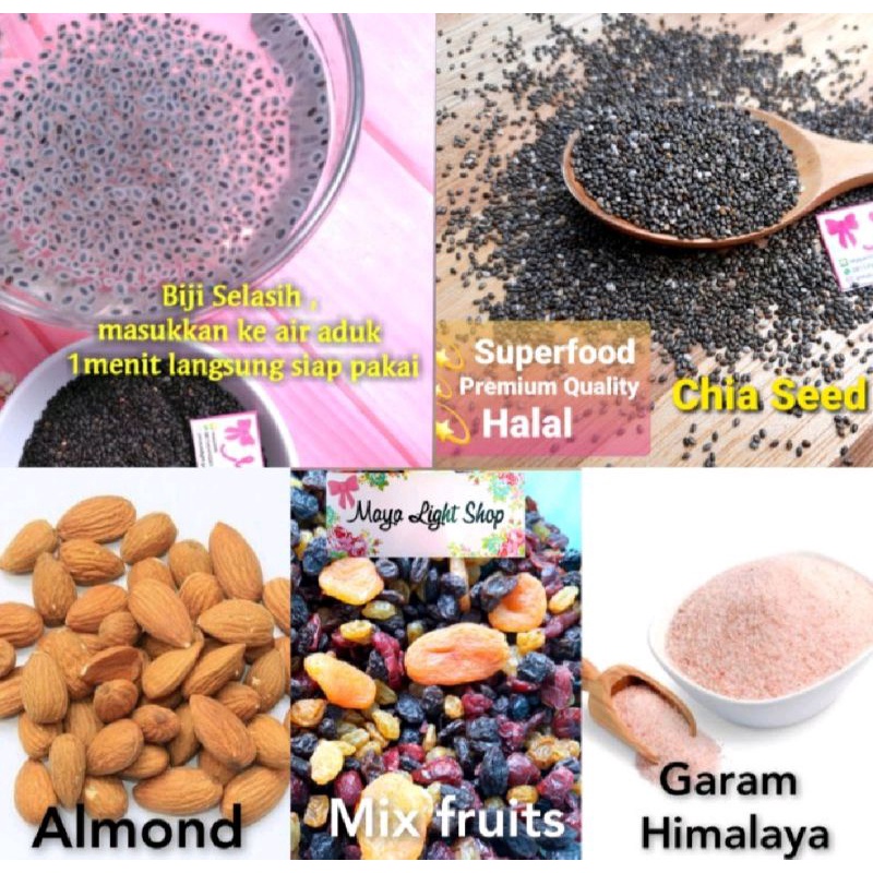 Jual Aneka Cemilan dan bahan Chia seed garam himalaya salt roasted almond dried fruits vegan ...