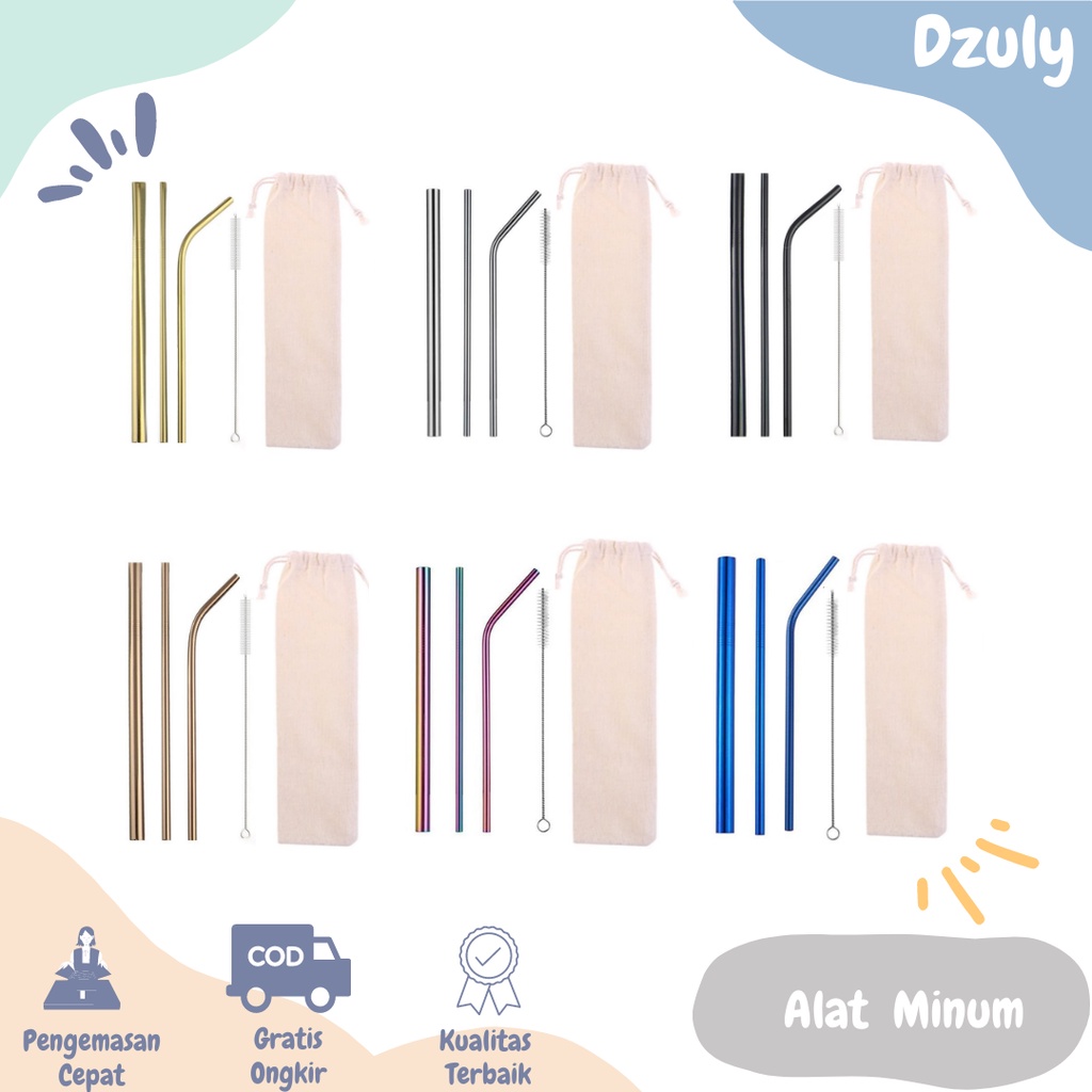 Jual [COD] Set 5 in 1 Sedotan Stainless Rainbow Pouch Lengkap Murah ...