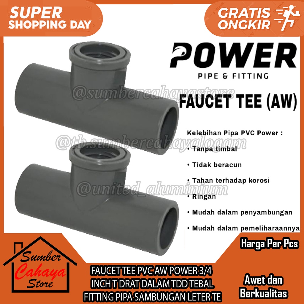 Jual TDD FAUCET TEE PVC AW POWER 3/4" INCH T DRAT DALAM TEBAL FITTING ...