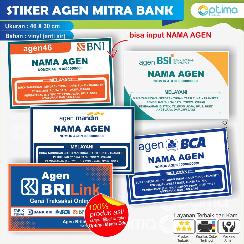 Jual STIKER TEMPAT USAHA AGEN BNI46, BCA, MANDIRI, BRILINK, BSI, BANK ...