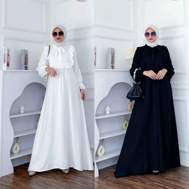 Jual gamis putih dan hitam Maxi dress ashofa pita leher gamis katun ...