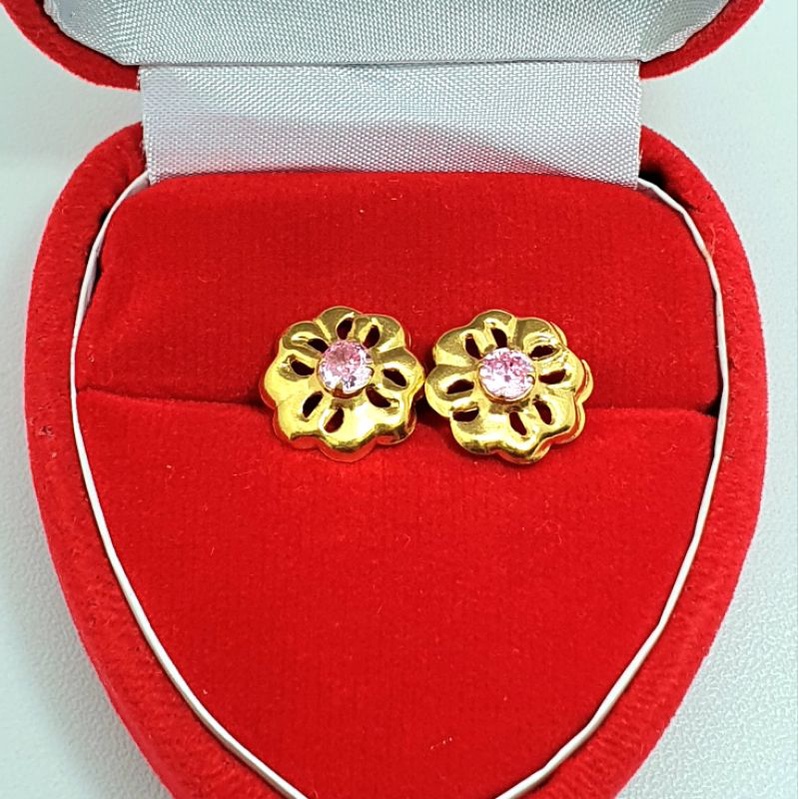 Jual Giwang Anting Tusuk Emas Muda Kembang Lebar Bolong Mata Pink 1 ...