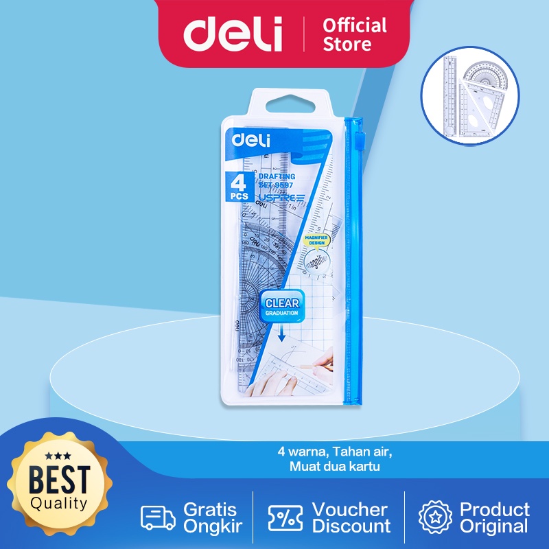 Jual Deli Set Penggaris Set Persegi Busur Derajat Set 4pcs PS tembus ...