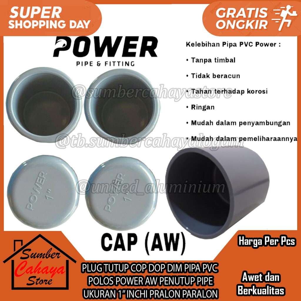 Jual CAP TUTUP PIPA PLUG DOP UKURAN 1" INCH POWER AW PVC DOB COP CAP ...