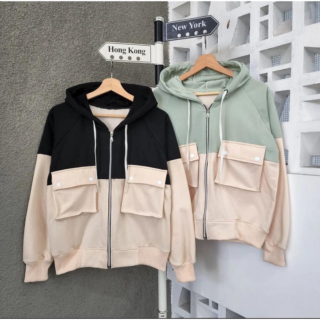 Jual TWO TONE POCKET ZIPPER JACKET | JACKET WANITA BERTUDUNG VARIASI ...