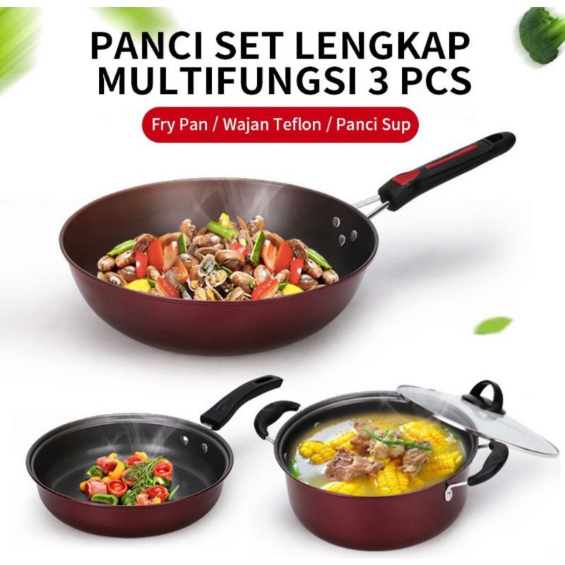 Jual Panci Wajan Penggorengan Set Lengkap Anti Lengket 3 Pcs Cookware ...