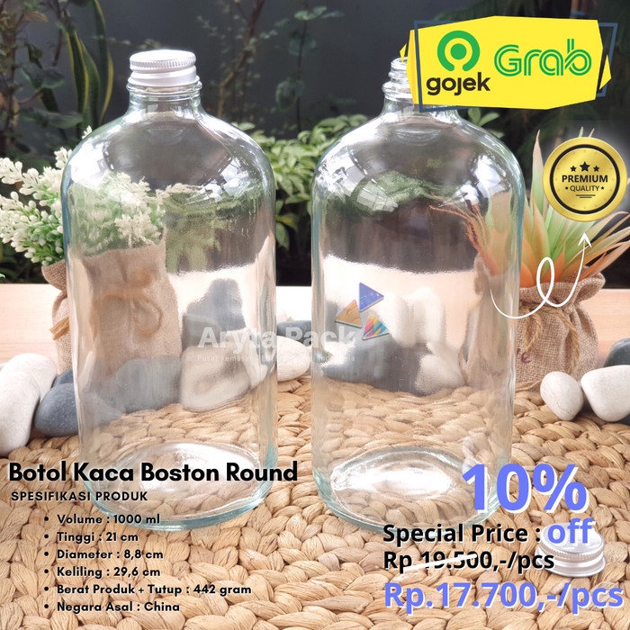 Jual Cantik Botol Kaca 1000Ml Boston Round Tutup Alumunium Silver/Emas ...