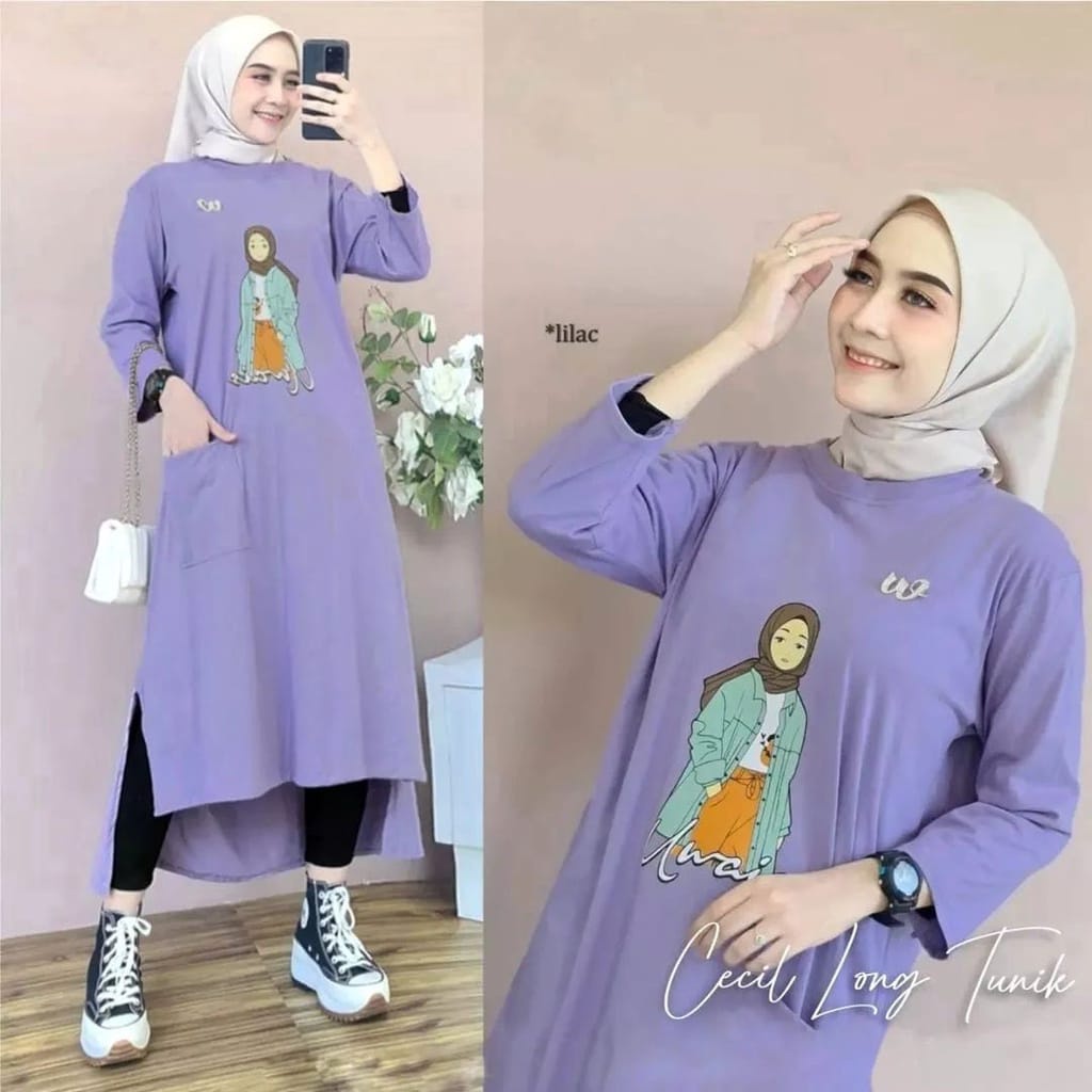 Jual CECIL LONG TUNIK JUMBO COMBED 24s APLIKASI SABLON (UKURAN S, M, L, XL, XXL) LONG TUNIK ...