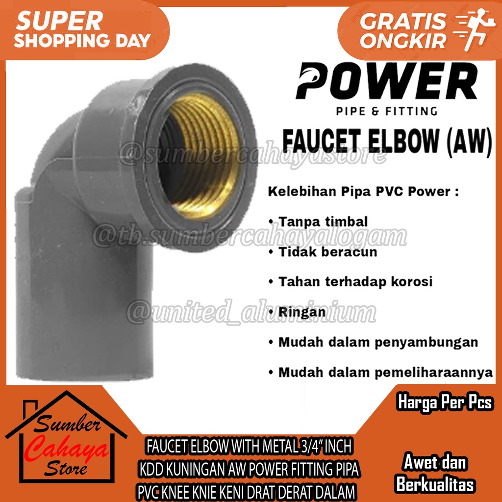 Jual FAUCET ELBOW WITH METAL INSERT KUNINGAN 3/4" INCH POWER KNEE DRAT ...
