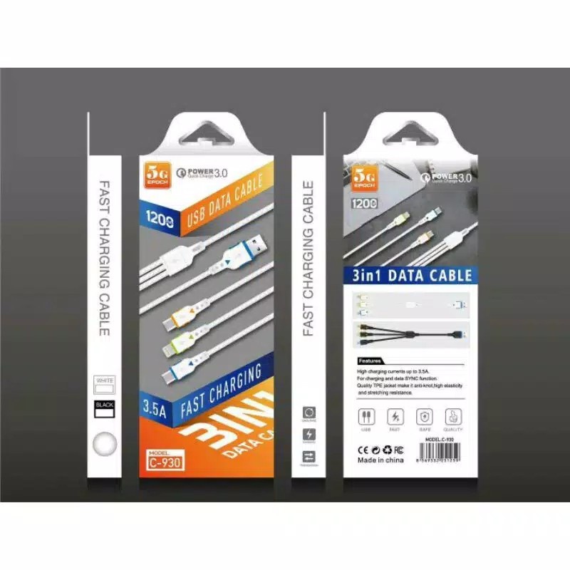 Jual Kabel Fast Charging 3in1 USB Data Cable 1200mm | Shopee Indonesia