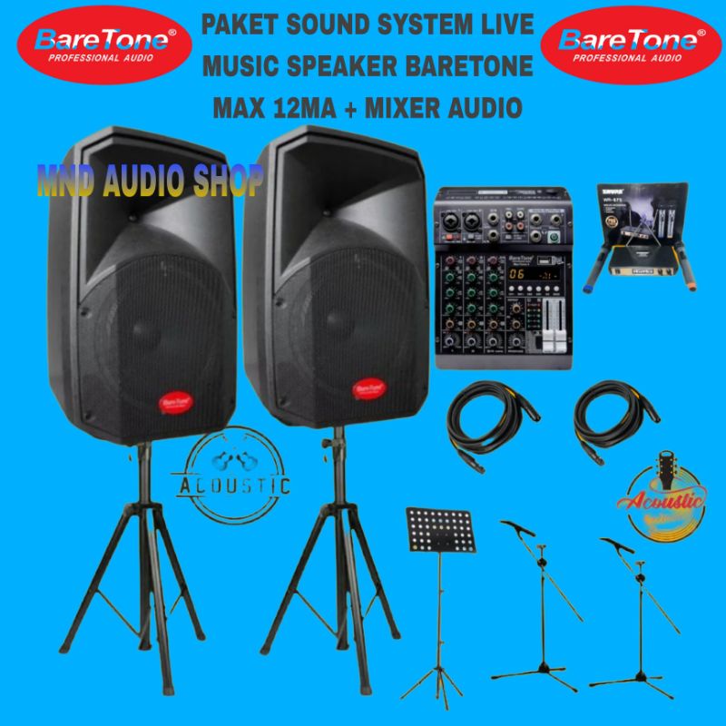 Jual PAKET SOUND SYSTEM AKUSTIK SPEAKER AKTIF BARETONE MAX 12 MA + MIXER AUDIO | Shopee Indonesia