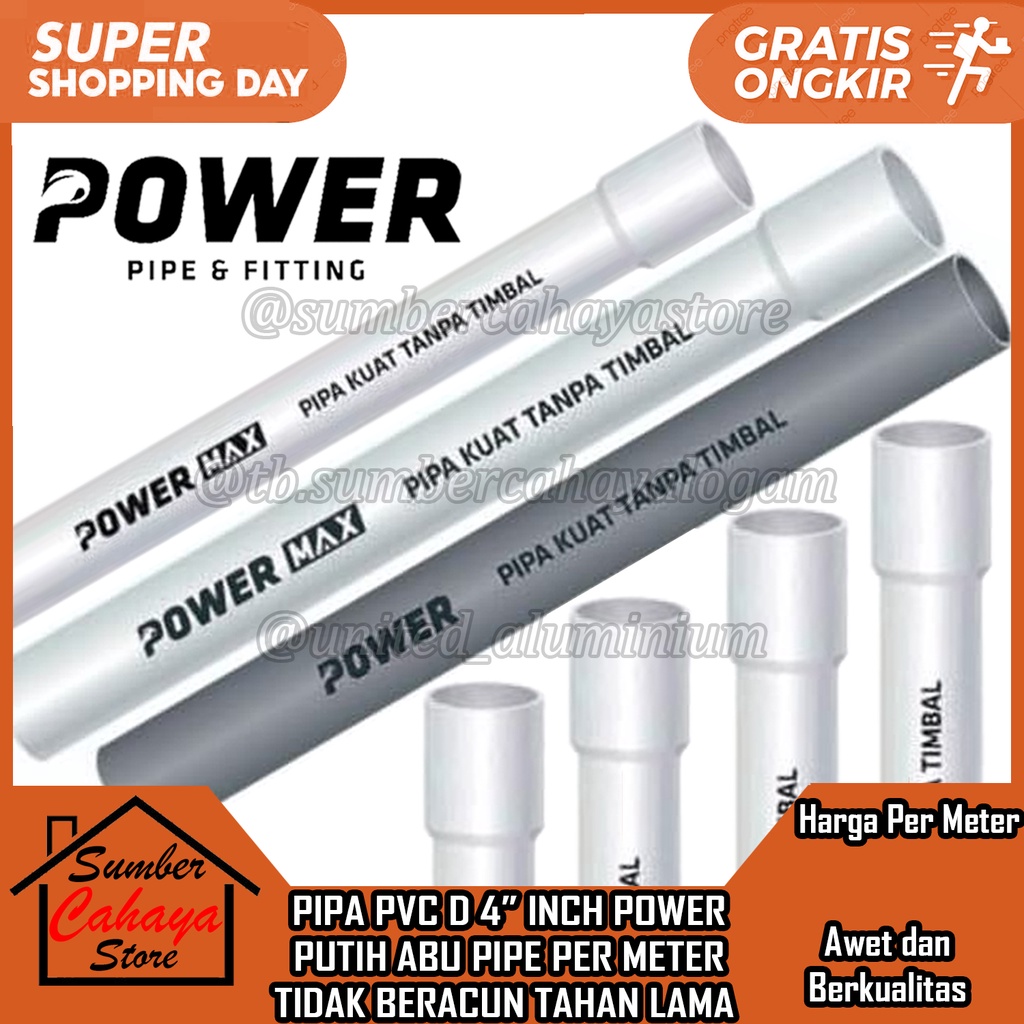 Jual Pipa Paralon PVC 4 inch D Putih Abu 1 meter Power Non Timbal TIDAK ...