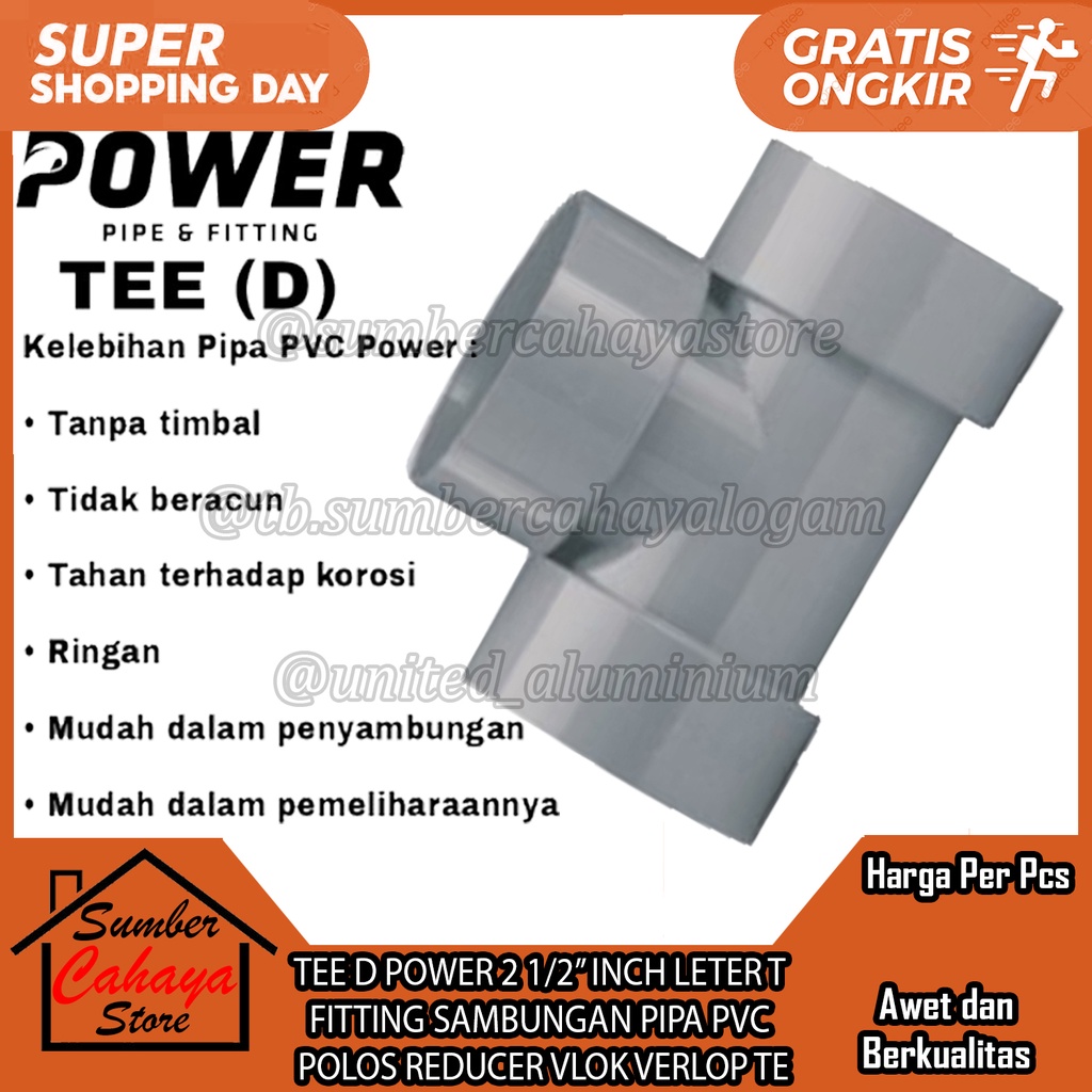 Jual TEE D LETER T POWER 2 1/2” INCH FITTING SAMBUNGAN PIPA PVC POLOS REDUCER VLOK VERLOP TE ...