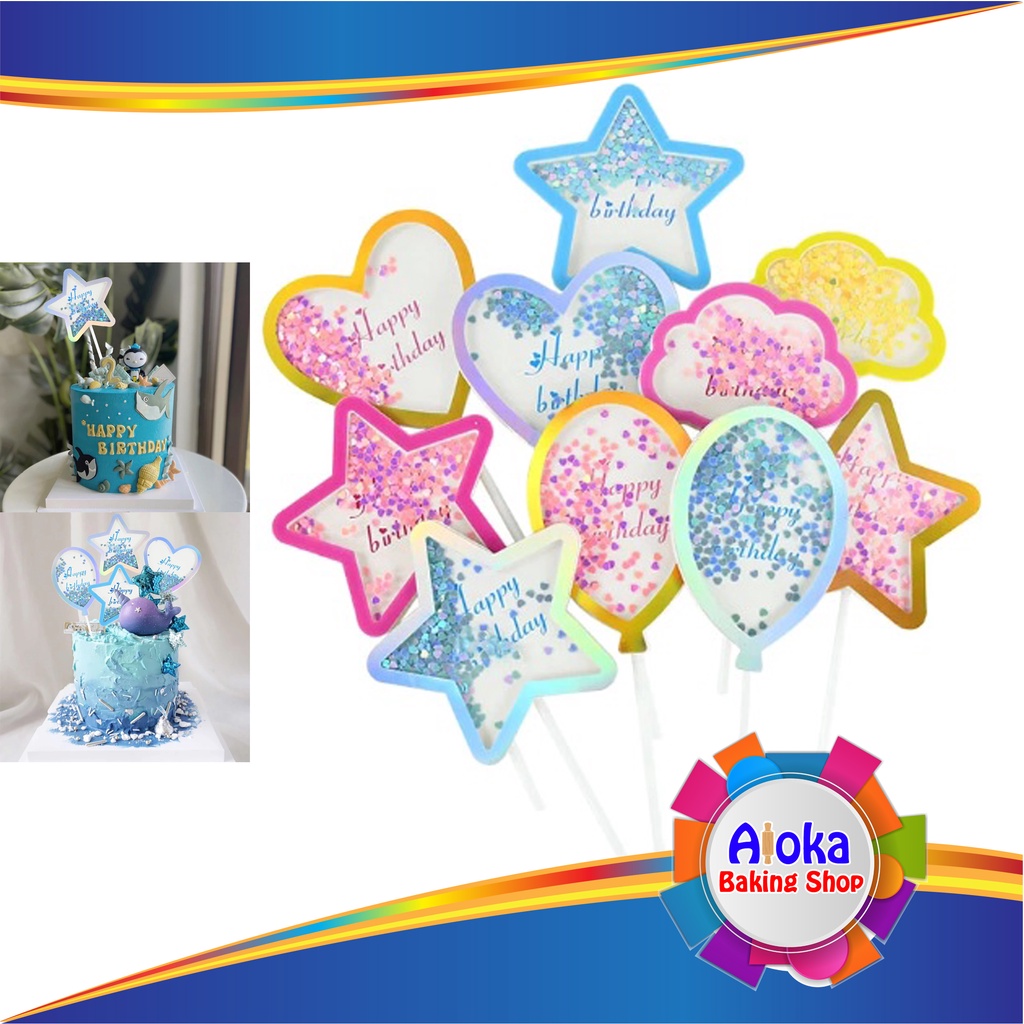 Jual Topper Cake Glitter Happy Birthday Star Love Awan Balon | Shopee ...