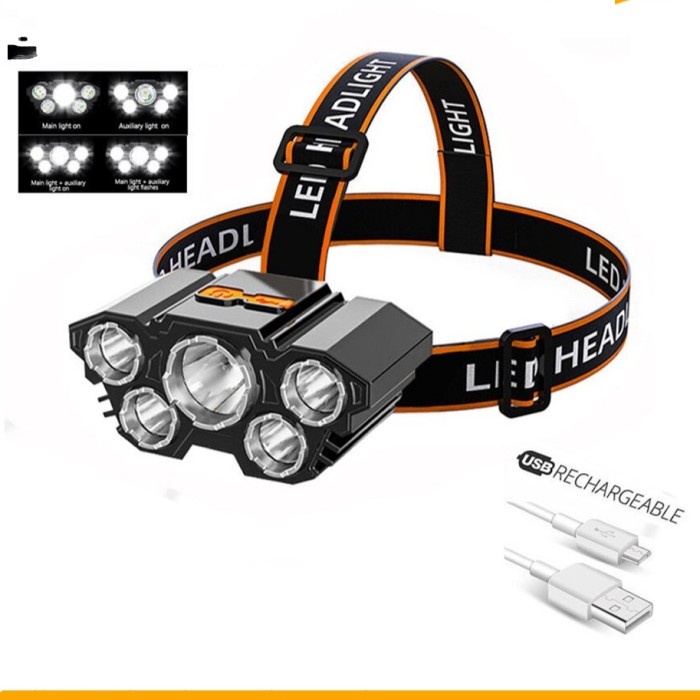 Jual HeadLamp 5 Led Lampu Light Senter Kepala 4 Mode USB Charge ...