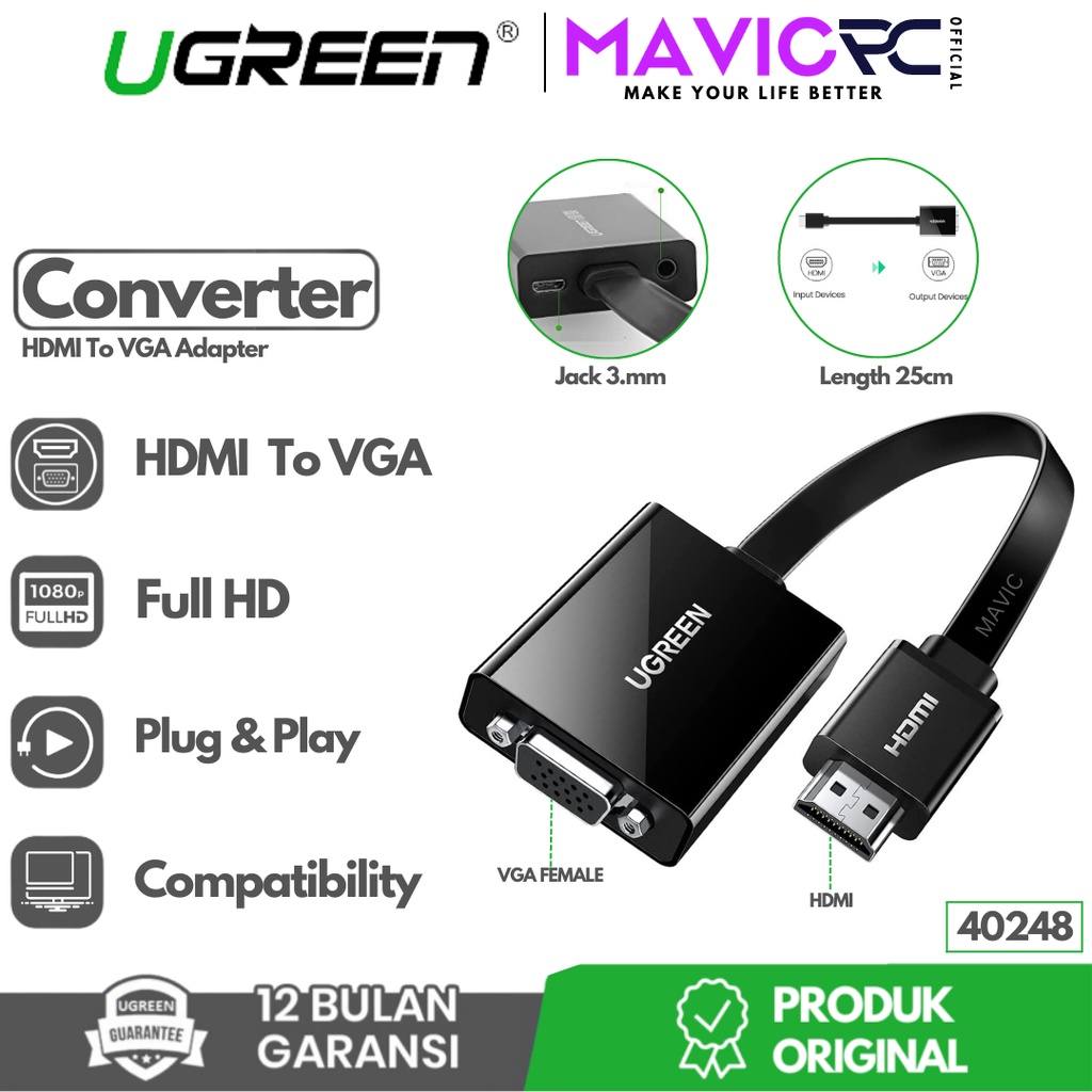 Jual UGREEN 40248 Converter Kabel HDMI To VGA Adapter for Laptop TV Proyektor - Garansi Resmi 1 ...