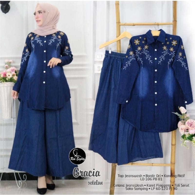 Jual GRACIA SET SETELAN MONA TUNIK JEANS DAN KULOT JUMBO NAVY ONE SET ...
