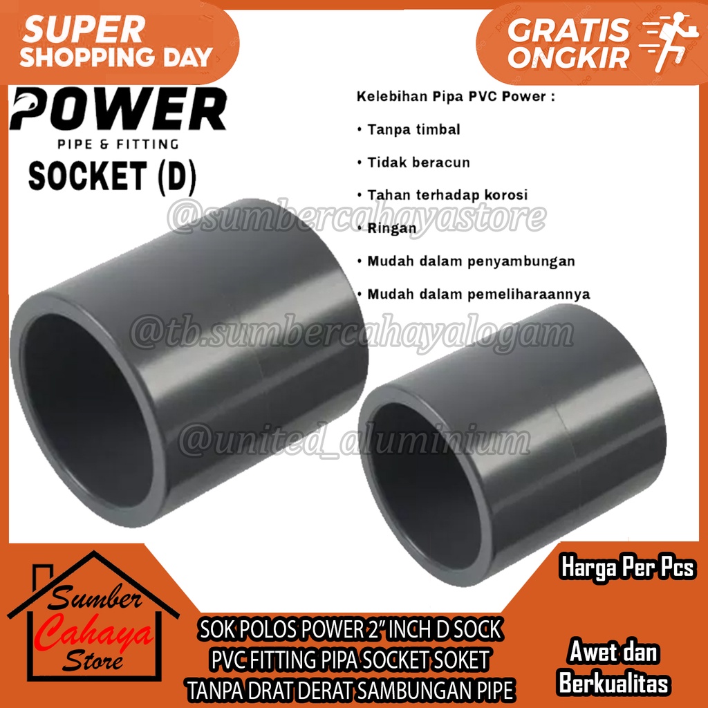 Jual SOK POLOS POWER 2 INCH D PVC FITTING PIPA SOCKET SOKET TANPA DRAT ...