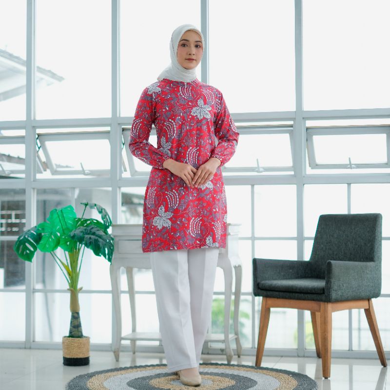 Jual Tunik Batik Wanita Merah Modern S M L XL XXL Jumbo | Shopee Indonesia