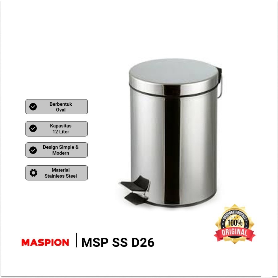Jual MASPION D26 D-26 DUSTBIN 12L DUST BIN PEDAL STAINLESS STEEL TEMPAT SAMPAH KANTOR 12 L ...