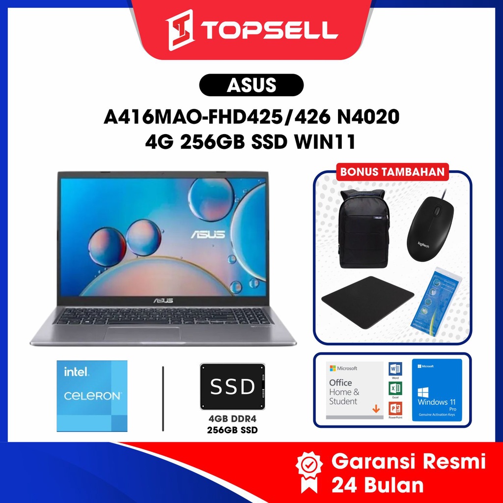 Jual ASUS A416MAO N4020 4G 256GGB SSD WINDOWS 11 ORIGINAL GARANSI RESMI ...