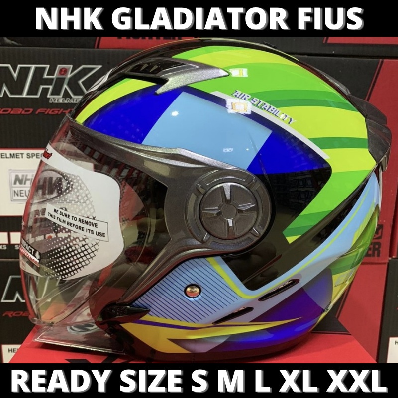 Jual Helm NHK Gladiator Fius Black Green Light Blue Glossy Double Visor ...