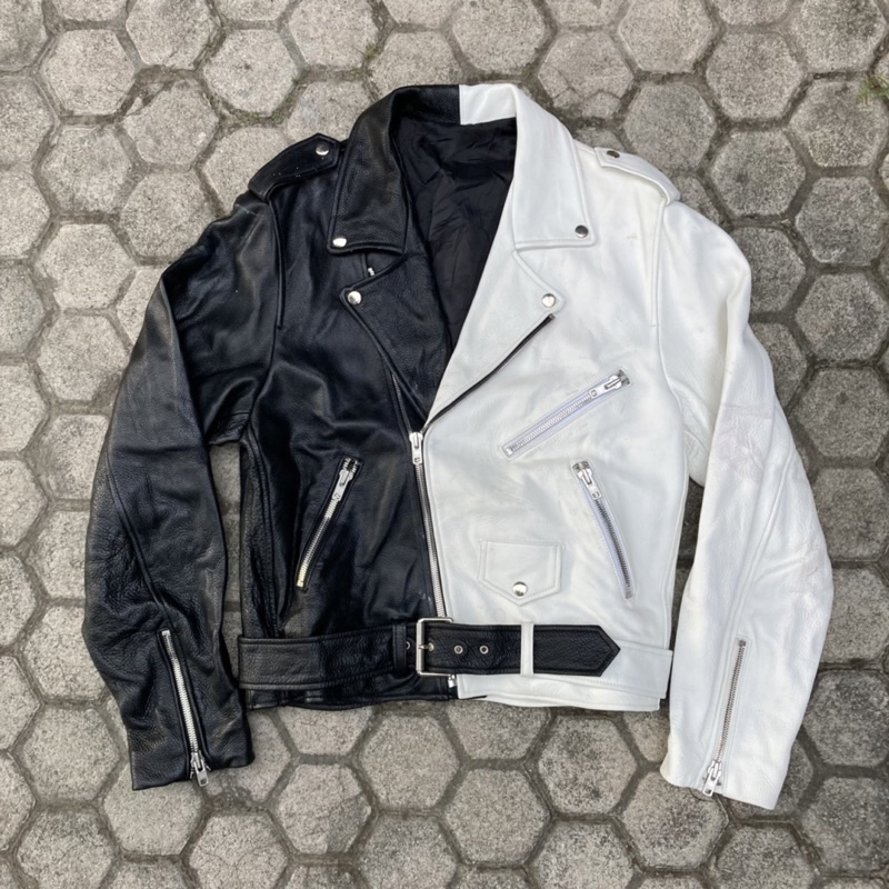 Jual Meow by mina unisex street style bi-color plain leather biker ...