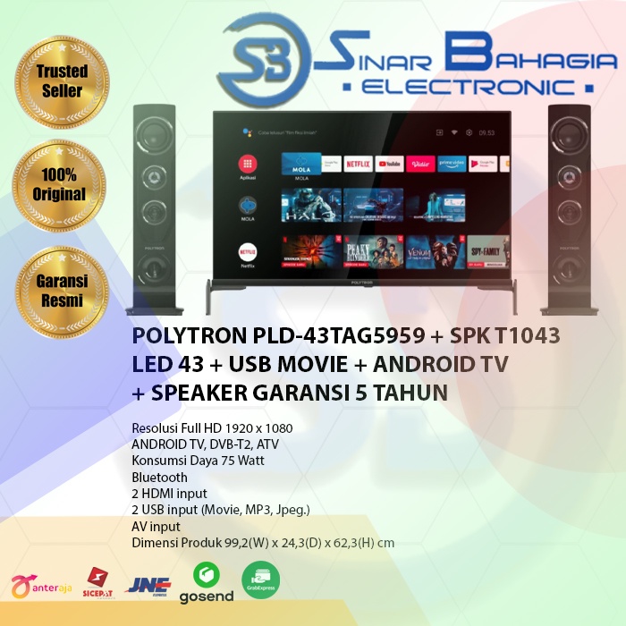 Jual POLYTRON PLD-43TAG5959 + SPK T1043 LED 43 + USB MOVIE + ANDROID TV + SPEAKER GARANSI 5 ...