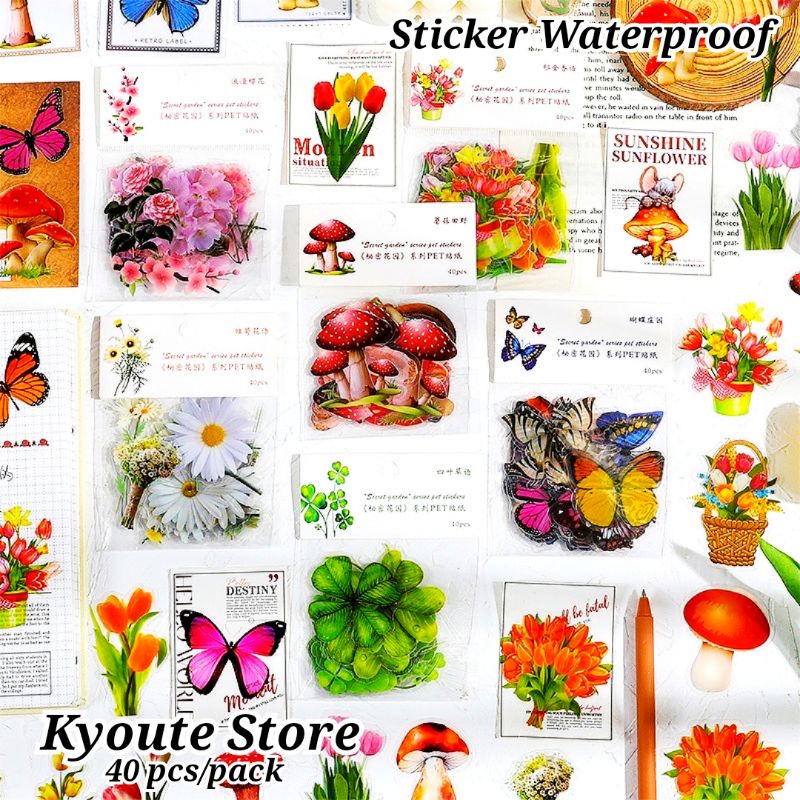 Jual 40 pcs Sticker Waterproof Transparan Tanaman Jamur Bunga Mawar ...