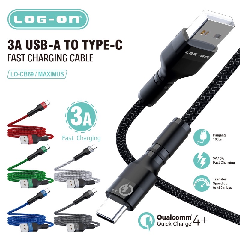 Jual KABEL DATA CHARGER LOG ON TYPE-C 3A LO-CB69 / MAXIMUS QUALCOMM 4 ...