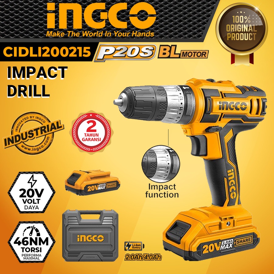 Jual Bor INGCO CIDLI200215 20V Cordless Hammer Impact Drill Driver 2 ...