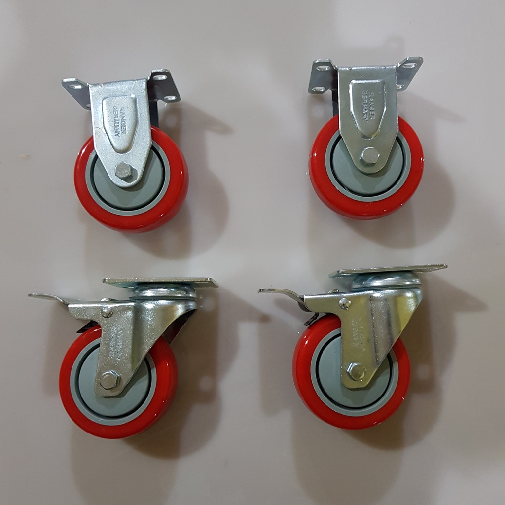 Jual Roda Troley Pu merah Ranger germany 4 inch ( 2muter+rem 2mati ...