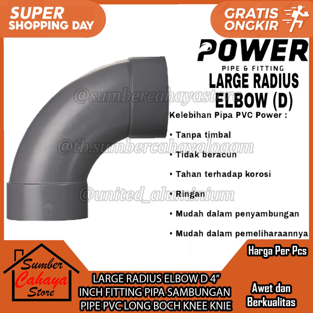 Jual LARGE RADIUS ELBOW D 4" INCH POWER FITTING PIPA SAMBUNGAN PIPE PVC ...