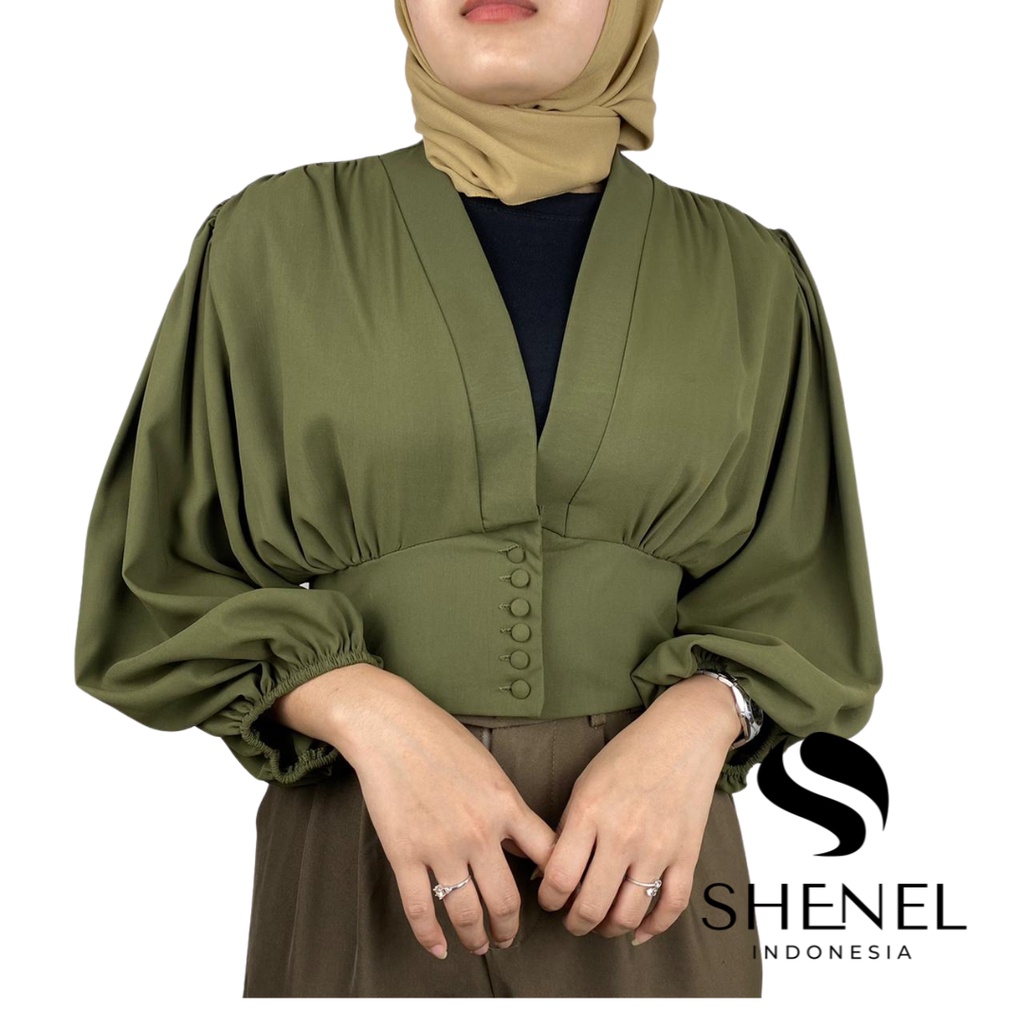 Jual Shenel | Moment Shakila Blouse Lengan Balon V-Neck Blus Wanita ...
