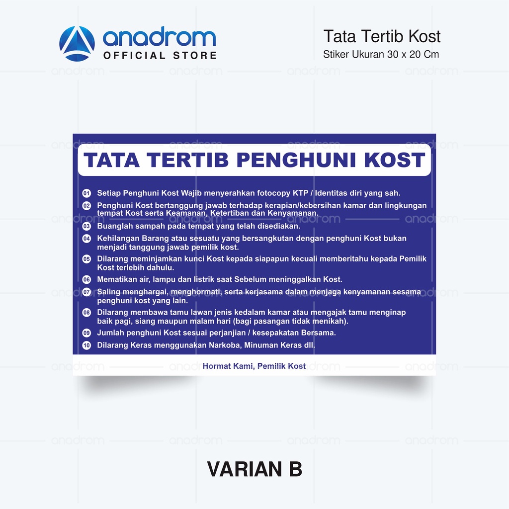Jual Stiker Tata Tertib Kost I Size 30x20 Cm I Anadrom 3195 | Shopee ...