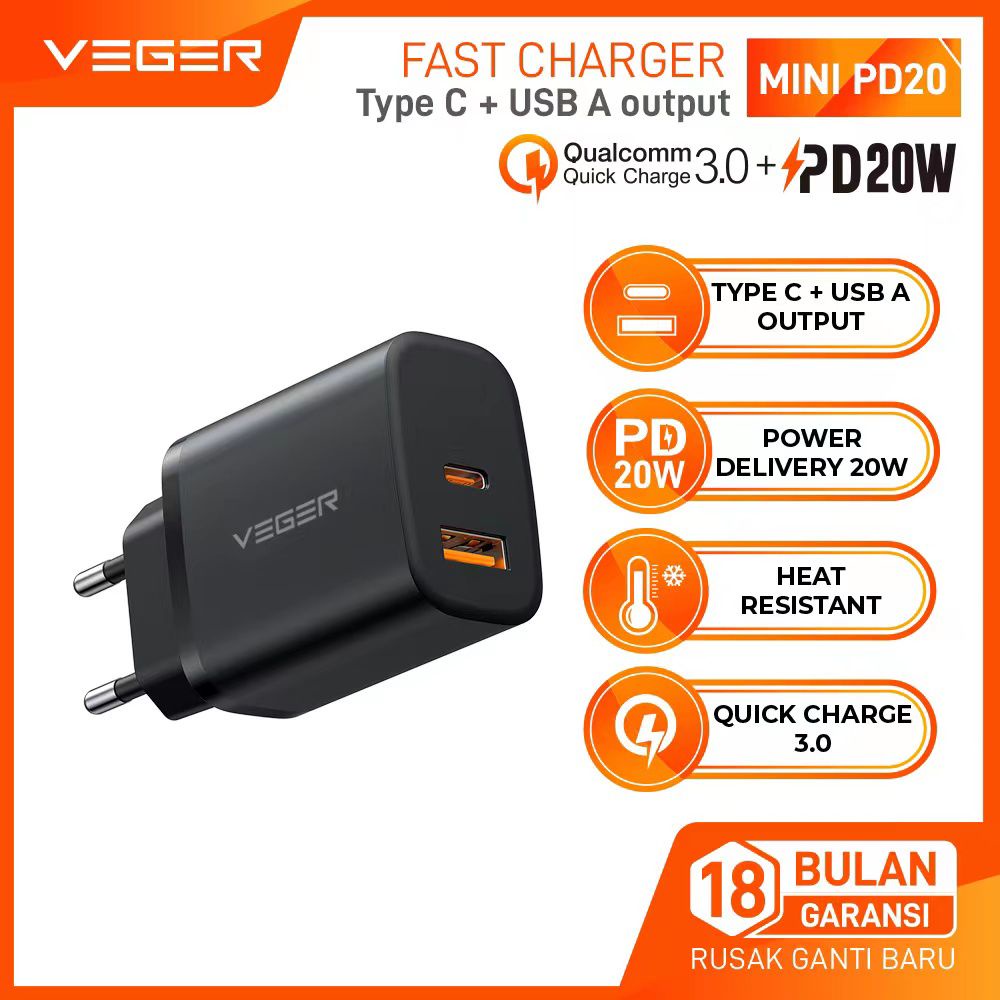 Jual Veger Wall Charger Mini PD20 2 Ports USB Quick Charge QC 3.0 + PD ...