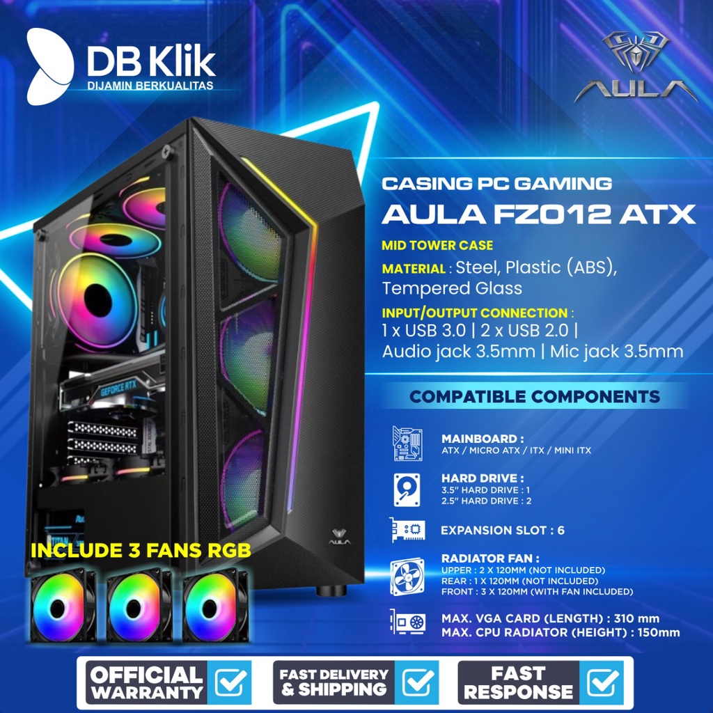 Jual Casing PC Gaming AULA FZ012 ATX include 3 Fan RGB - Casing AULA FZ ...