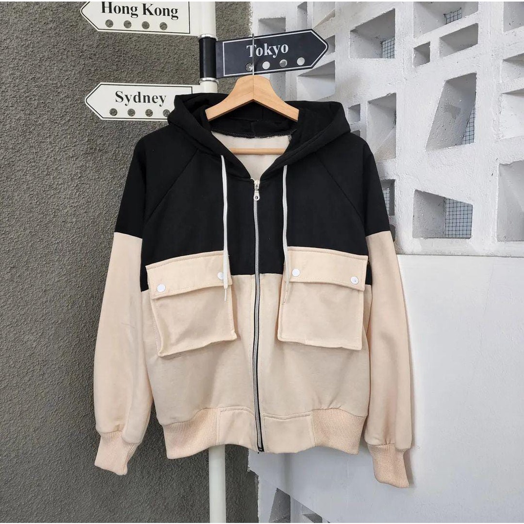 Jual TWO TONE POCKET ZIPPER JACKET | JACKET WANITA BERTUDUNG VARIASI SAKU DAN SLETING (MRF ...