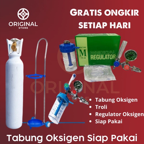 Jual TABUNG OKSIGEN 1M3 KOMPLIT TROLLY + REGULATOR OKSIGEN CCARE LENGKAP | Shopee Indonesia