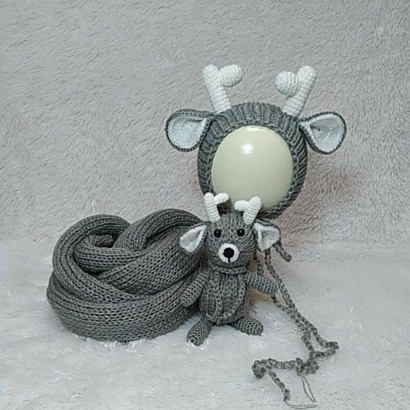 Jual KOSTUM SET RAJUT WRAP BONET BONEKA RUSA ABU ABU BERTANDUK PUTIH ...