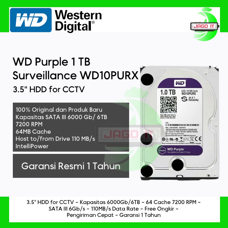 Jual Hard Disk WD Purple 1TB Surveillance WD10PURX 1TB | Cocok untuk ...