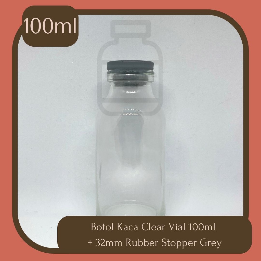 Jual Botol kaca Clear Vial 100ml + 32mm Grey / Red Rubber Stopper/botol ...